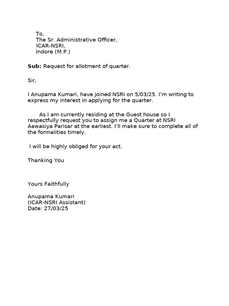 Request for NSRI Quarter Allotment | PDF