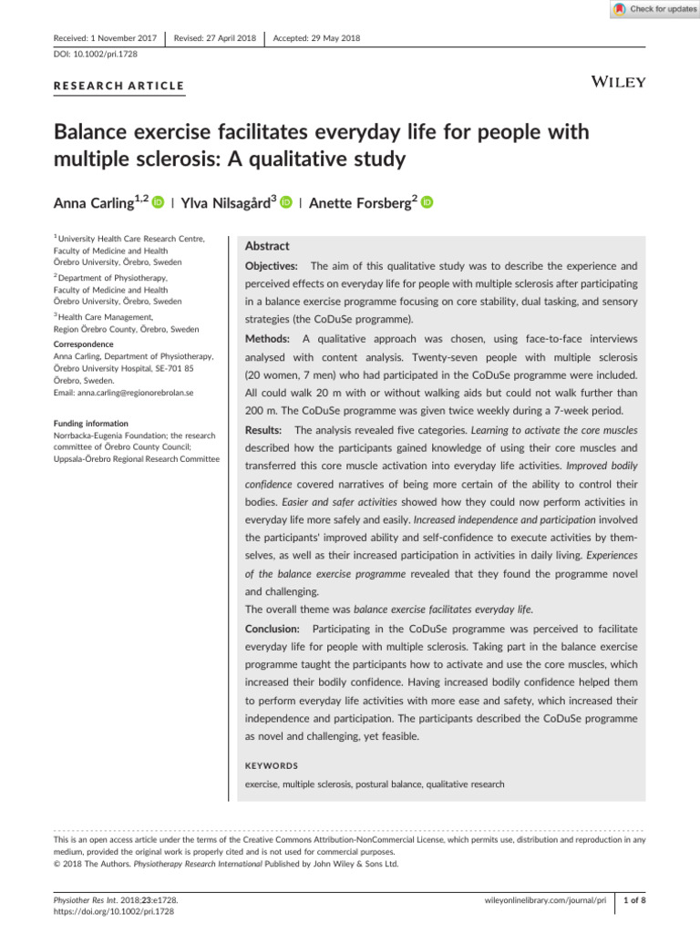 Physiotherapy Res Intl - 2018 - Carling - Balance Exercise Facilitates ...