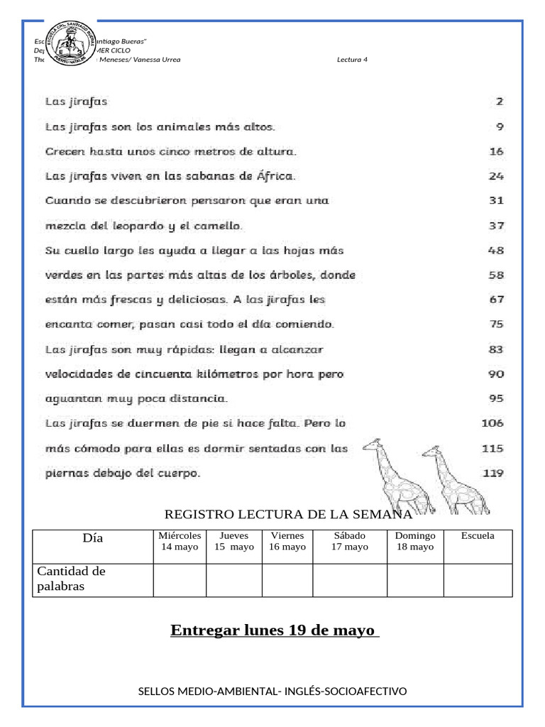 Registro de Lectura Semanal 1° Ciclo | PDF