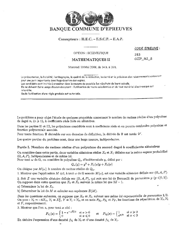 Corrigé Maths 2S HEC-ESCP 2006 (Major-Prepa) | PDF