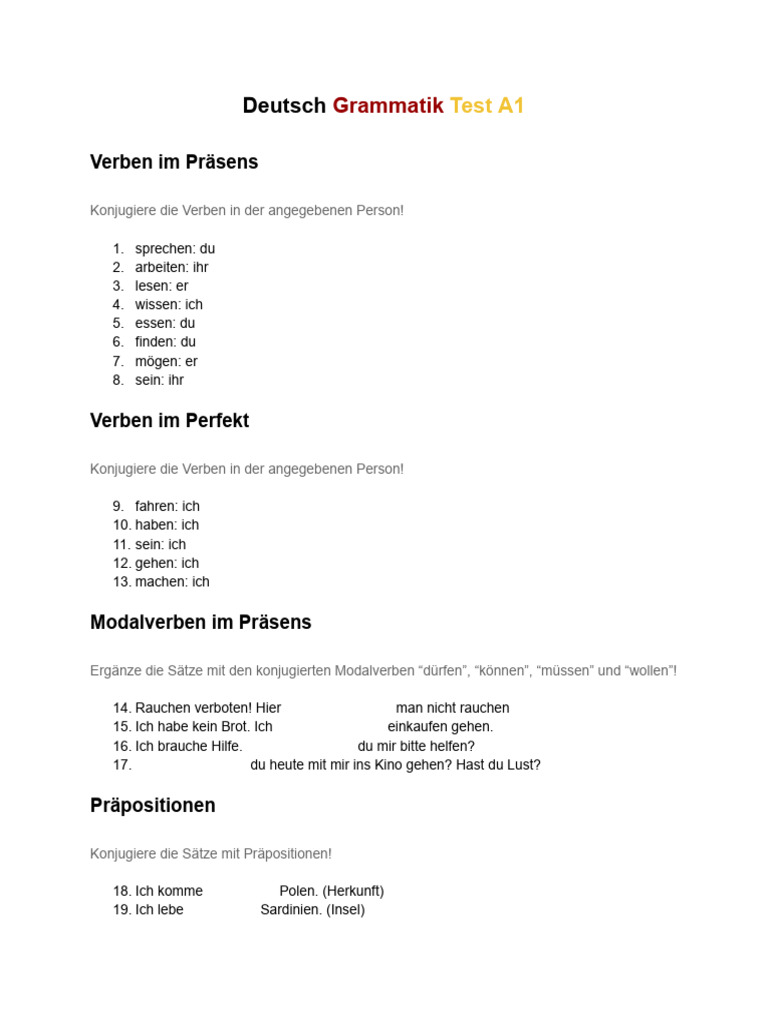 Deutsch Grammatik Test A1 | PDF