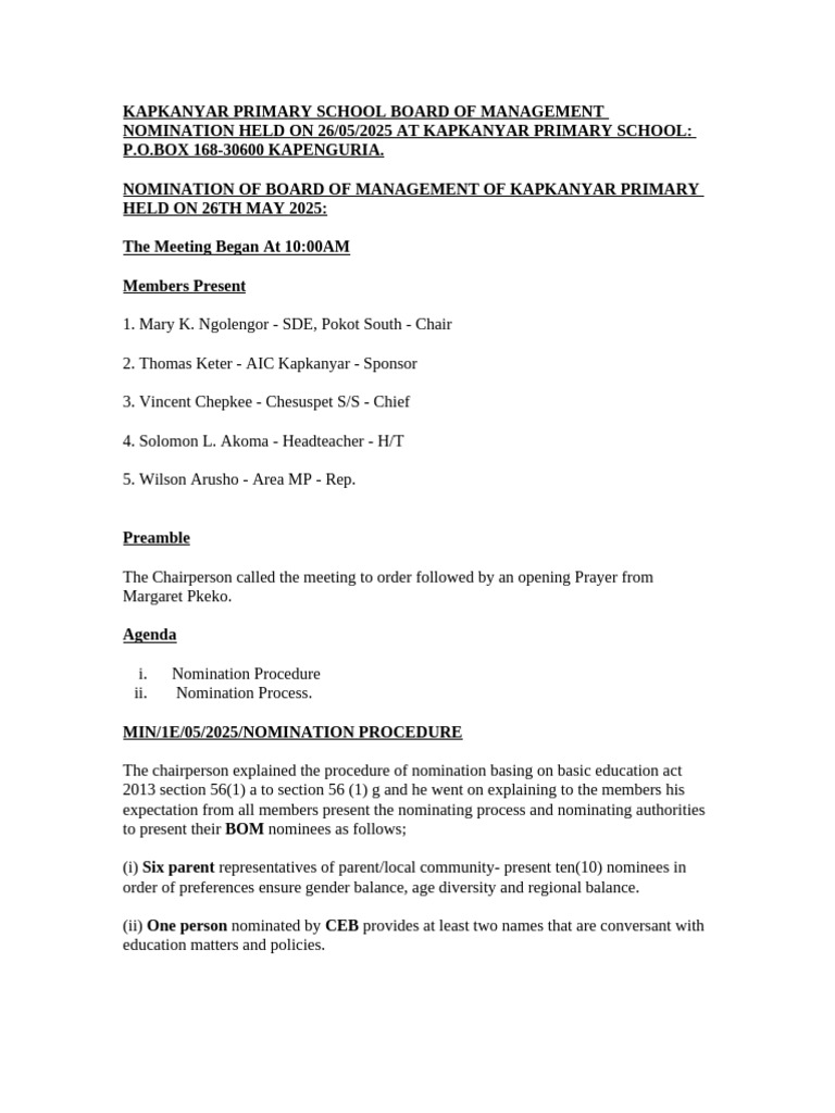 Kapkanyar School Board Nomination 2025 | PDF | Government | Justice