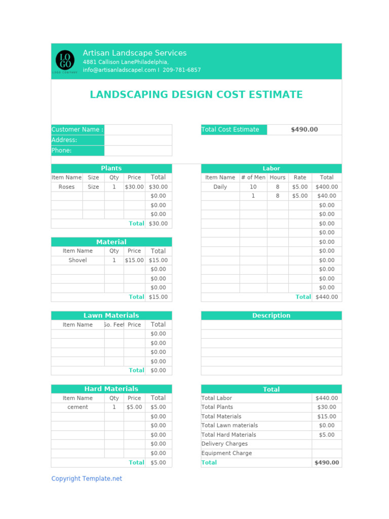 Landscaping Design Cost Estimate | PDF
