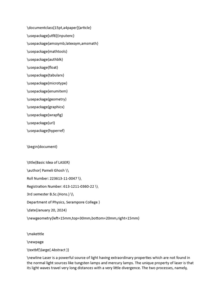 Basic Idea of Laser (Latex Input) | PDF | Coherence (Physics) | Laser