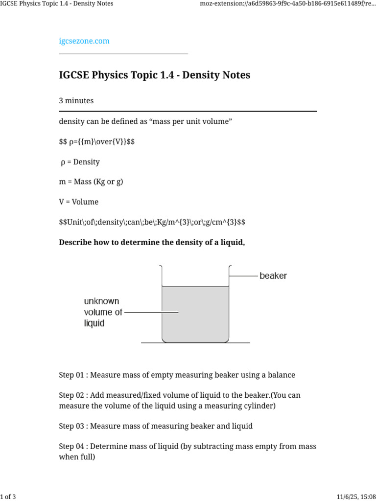 IGCSE Physics Density Calculation Guide | PDF | Density | Volume