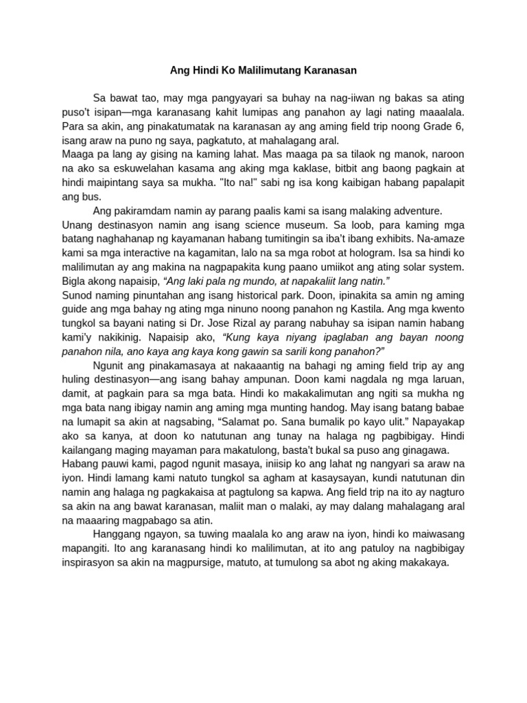 Ang Hindi Ko Malilimutang Karanasan | PDF