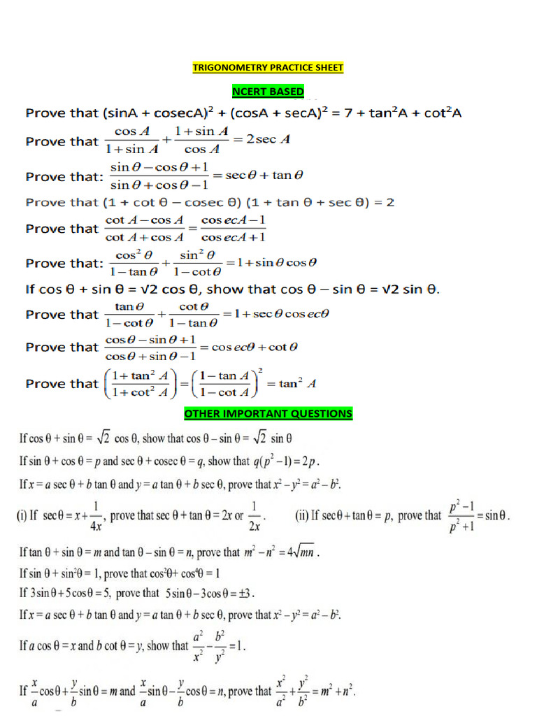 Trigonometry Practice Sheet | PDF