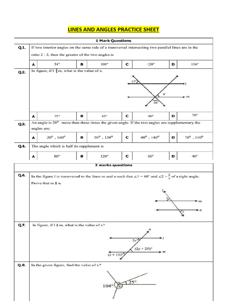 Lines and Angles Practice Sheet | PDF