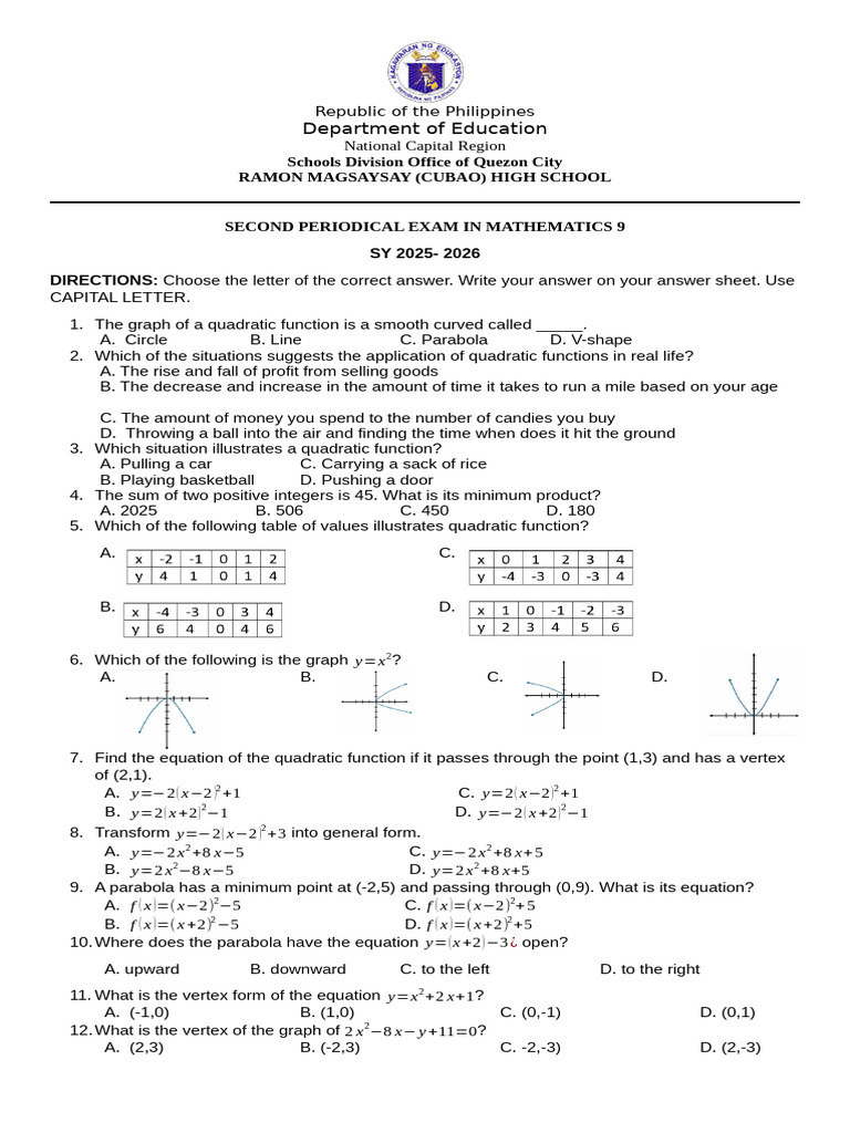 Math 9 Periodical Exam: Quadratic Functions | PDF | Quadratic Equation ...
