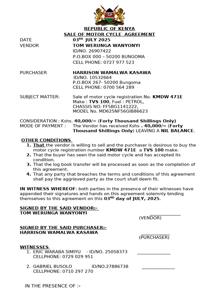 Motor Cycle Sale Agreement for Tom Werunga | PDF