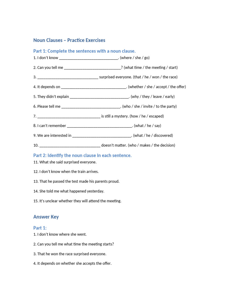 Noun Clauses Exercises | PDF