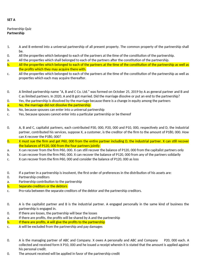 Partnership Quiz SET A SET B Answer Key | PDF | Limited Partnership ...