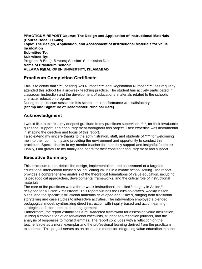 Practicum Report - Instructional Materials For Valu PDF | PDF | Integrity | Pedagogy