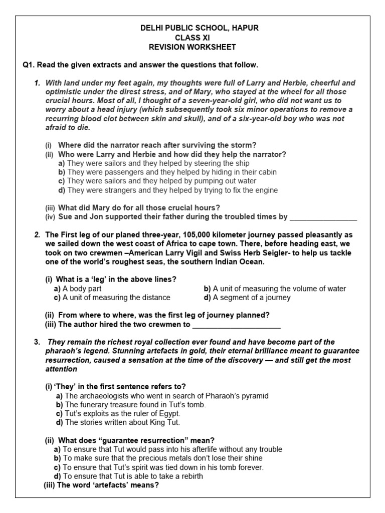 Class XI Revision Worksheet: Literary Analysis | PDF