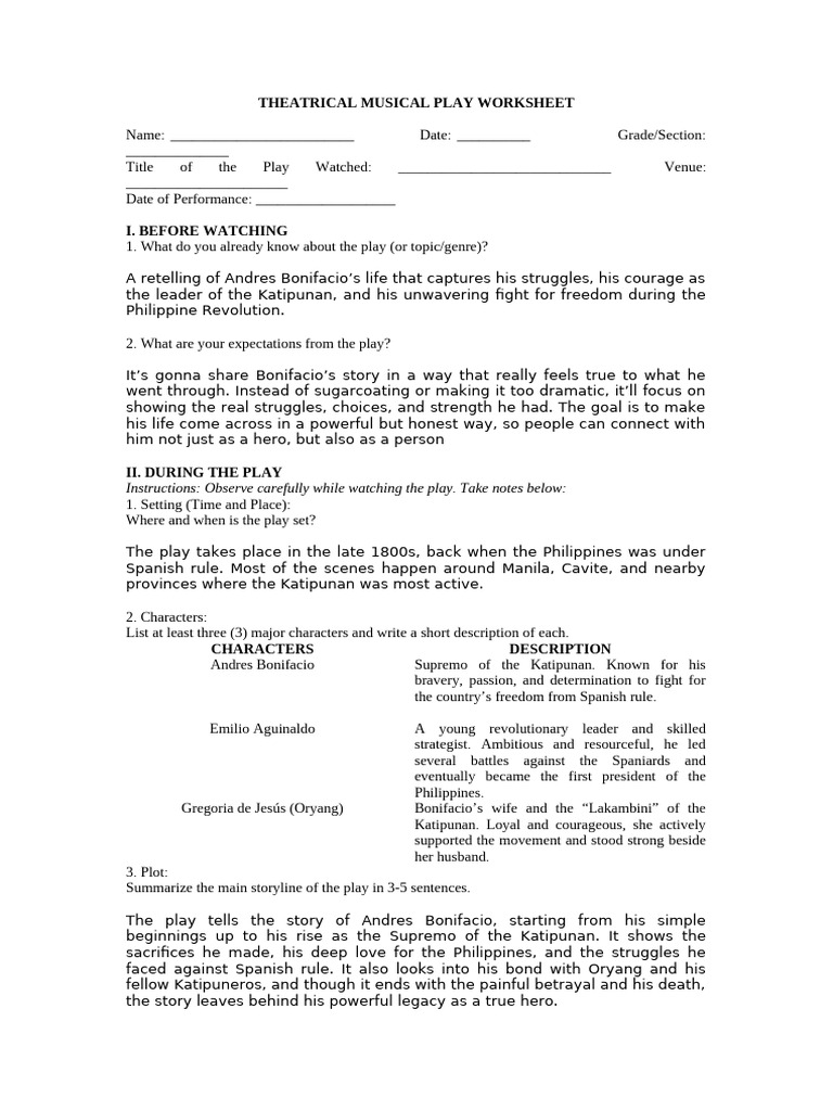 Theatrical Worksheet for Bonifacio Play | PDF