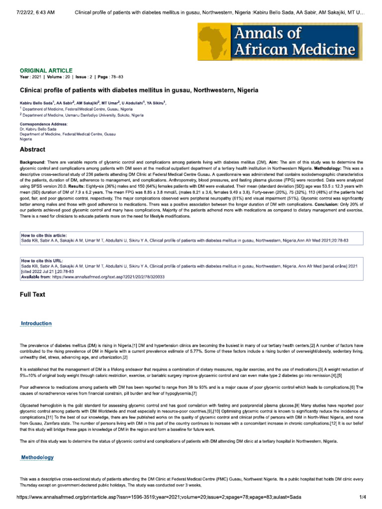 Clinical Profile of Patient With Diabetes in Nigeria | PDF