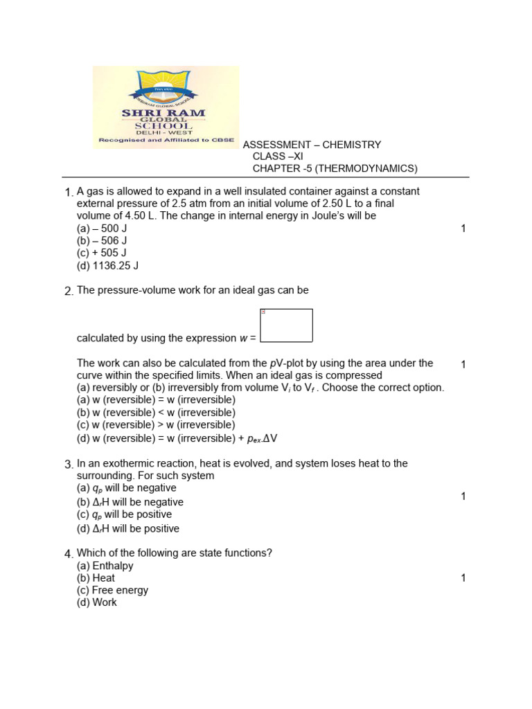 Chemistry Class XI Thermodynamics Assessment | PDF | Enthalpy ...