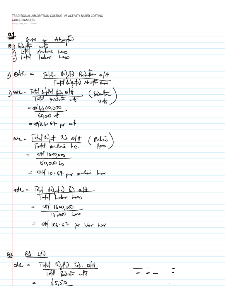 Traditional Absorption Costing Vs Activity Based Costing (ABC) Workings ...