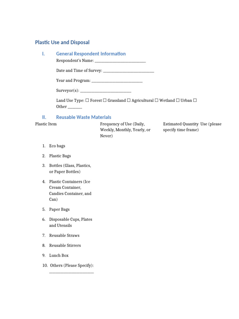 Plastic Use and Disposal Assessment Form - GONZALES | PDF