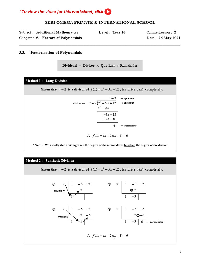 Y10 Add Maths Online Lesson 2 | PDF | Factorization | Division (Mathematics)