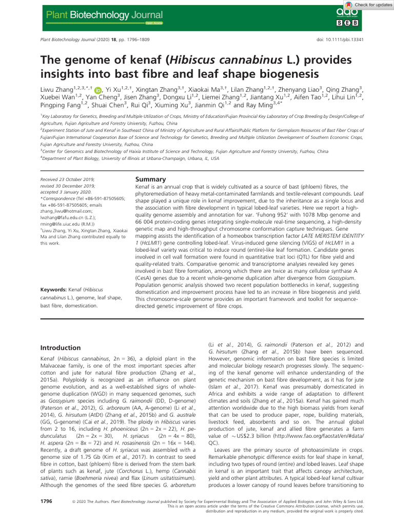 Plant Biotechnology Journal - 2020 - Zhang - The Genome of Kenaf ...