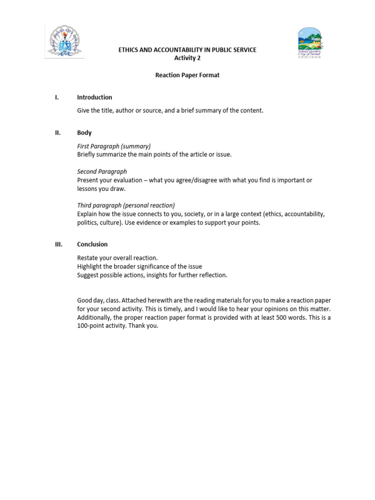 Reaction Paper Format Ethics Accountability | PDF