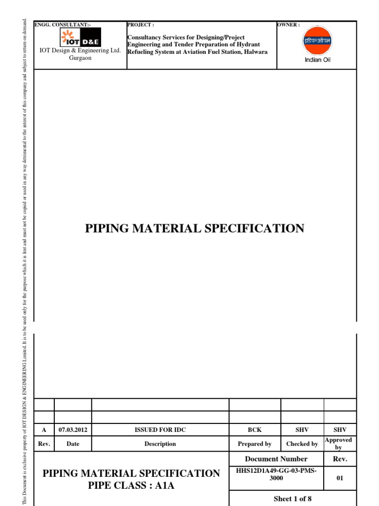 Piping Material Specification Pipe Class: A1A | PDF | Pipe (Fluid ...