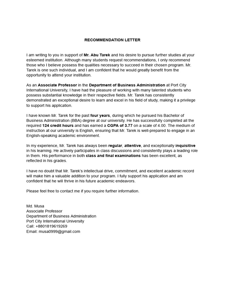 Recommendation for Abu Tarek's Studies | PDF