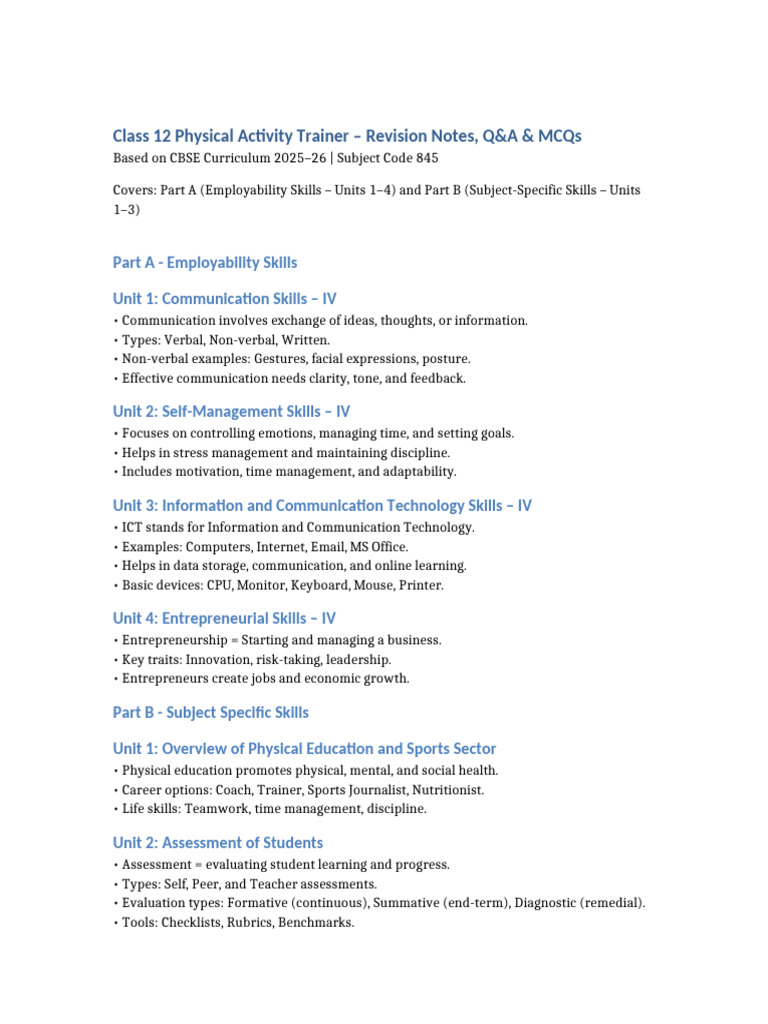 Class 12 Physical Activity Trainer Notes | PDF | Communication ...