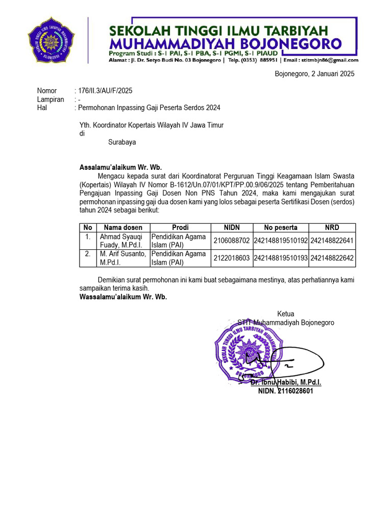 Surat Pengajuan Inpassing Gaji Peserta Serdos 2024 | PDF