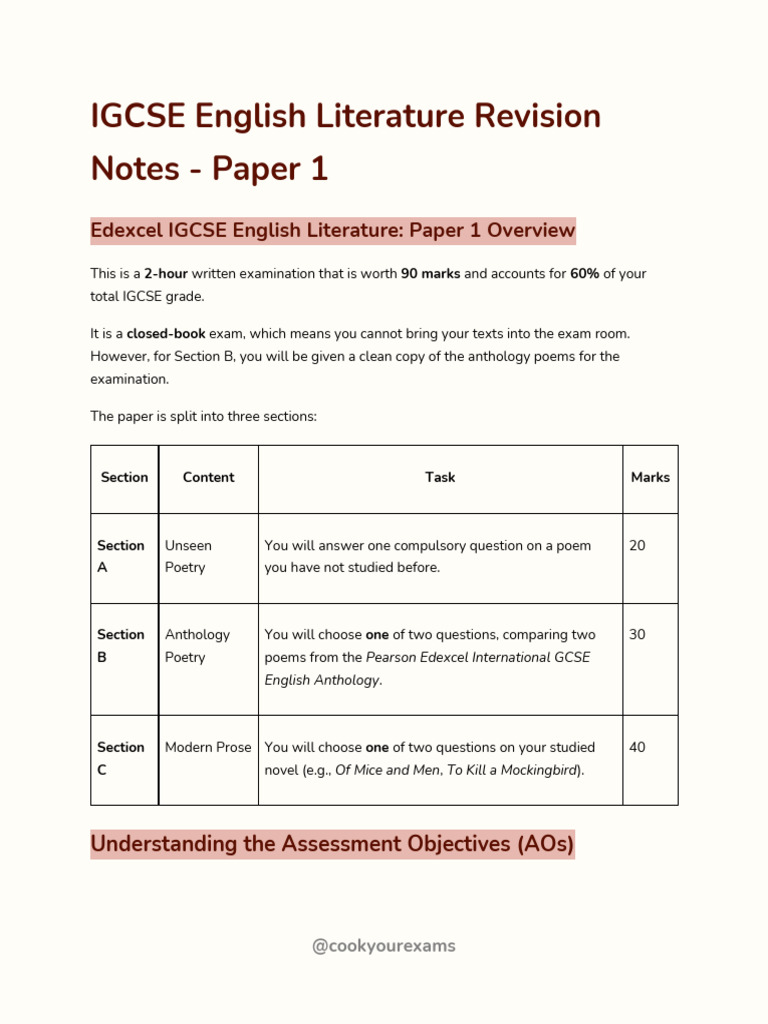 IGCSE English Literature Revision Notes - Paper 1 | PDF | Poetry