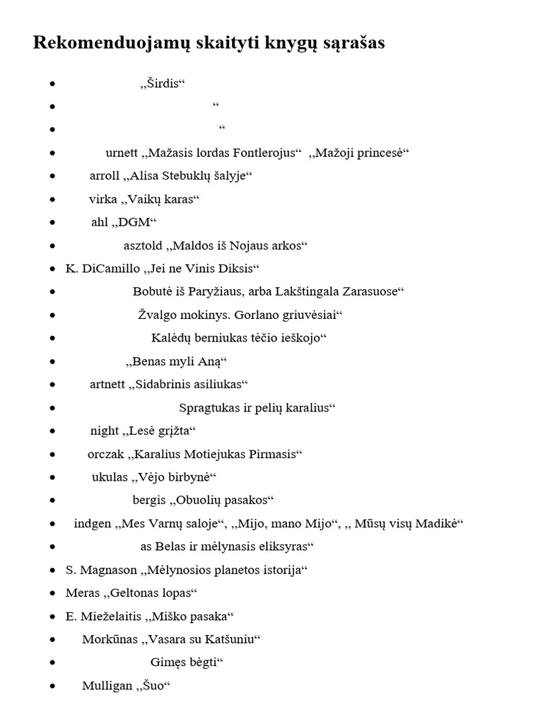 Rekomenduojamu Skaityti Knygu Sarasas 5 10 Klasems | PDF