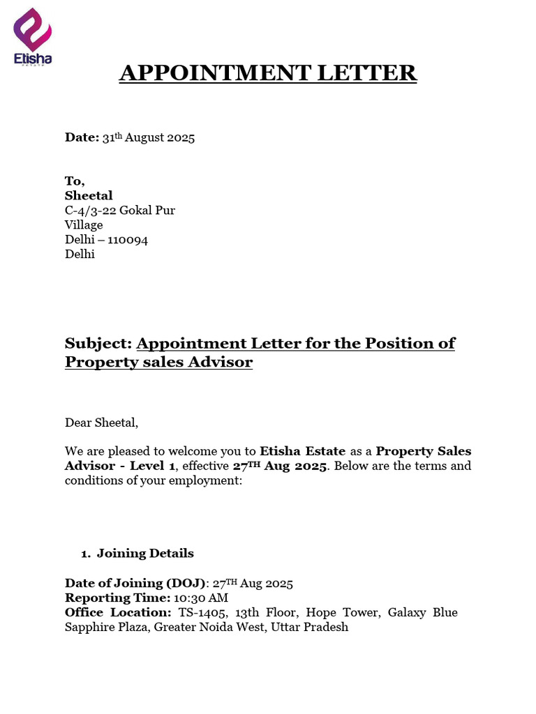 Appointment Letter: Property Sales Advisor | PDF | Employment | Taxes
