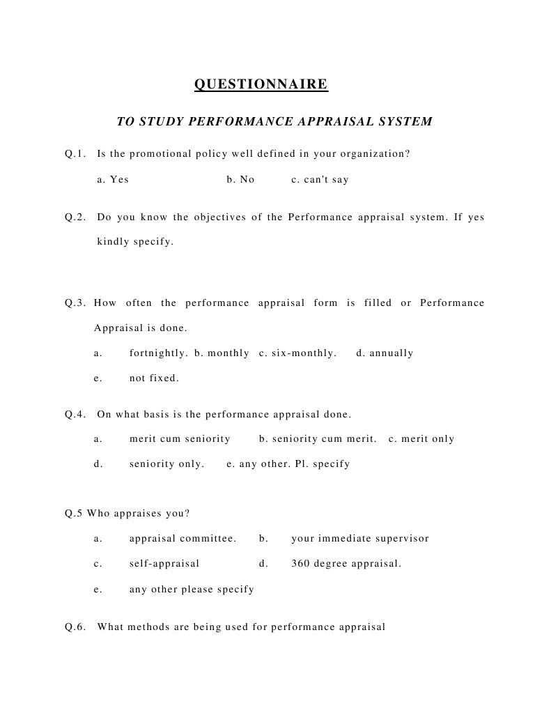 Questionnaire: To Study Performance Appraisal System | PDF ...