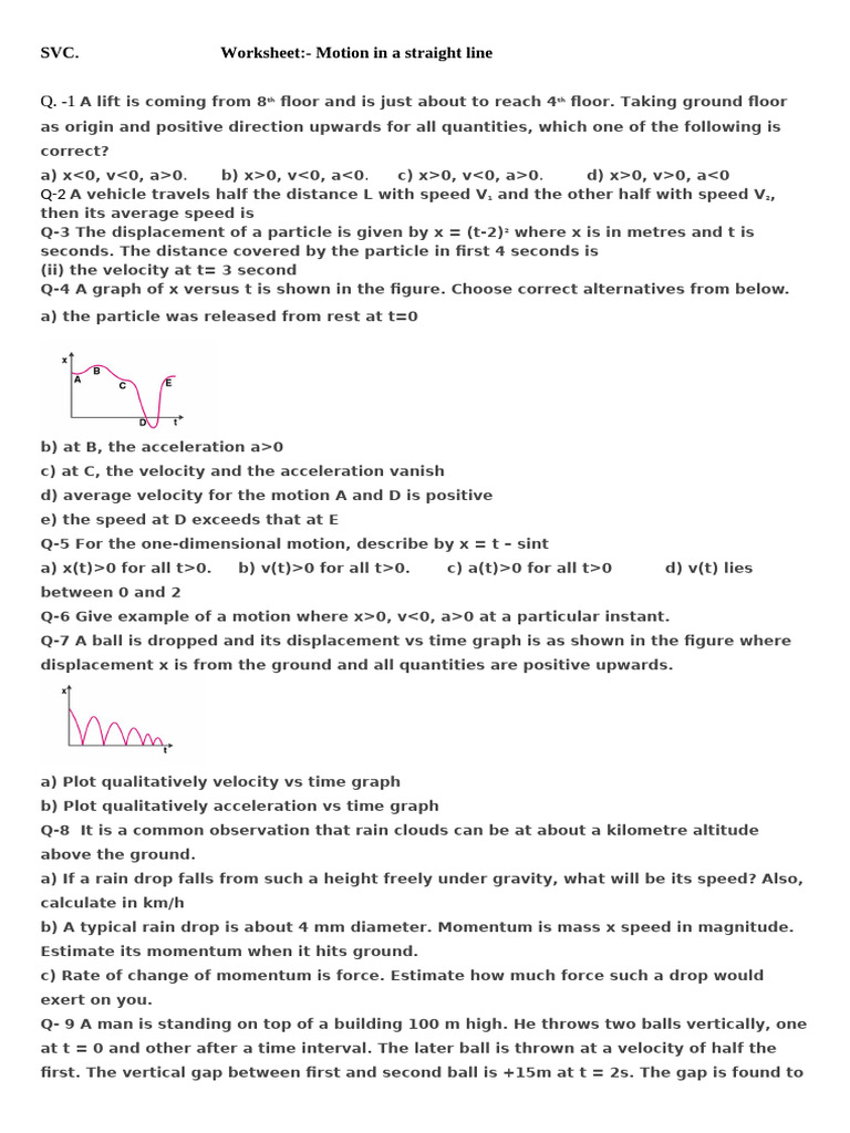 Motion in a Straight Line Worksheet 11- May | PDF