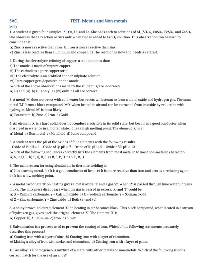 Class 10 Science Metals Nonmetals Worksheet | PDF | Metals | Iron