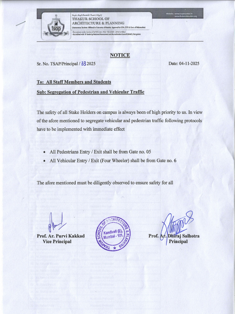 Notice - Segregation of Pedestrian and Vehicular Traffic (All Staff and ...