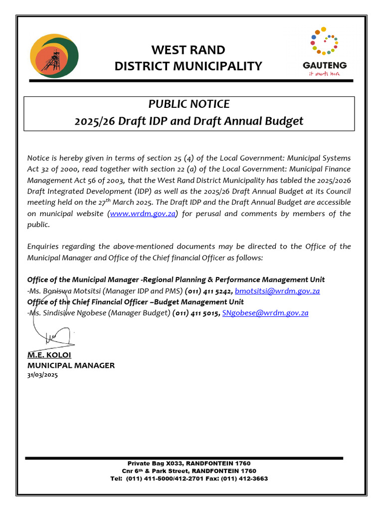 2025/26 Draft IDP & Budget Notice | PDF