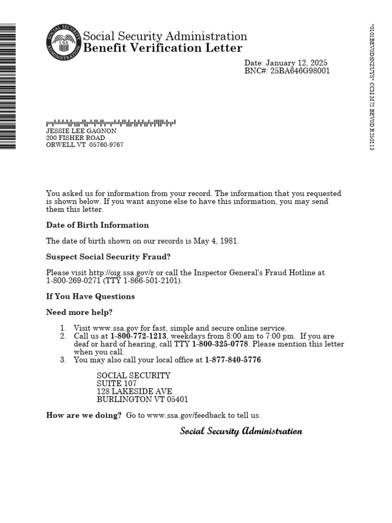 Social Security Benefit Verification Letter | PDF