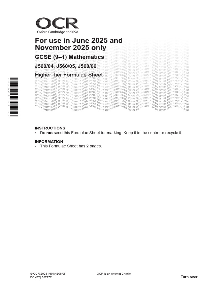 OCR GCSE Maths Higher Tier Formulae Sheet | PDF | Area | Mathematics