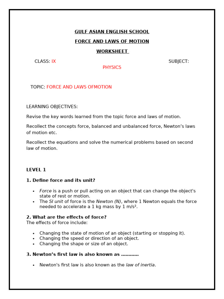 PHYSICS FORCE AND LAWS OF MOTION WORKSHEET ANSWER KEY | PDF | Force ...