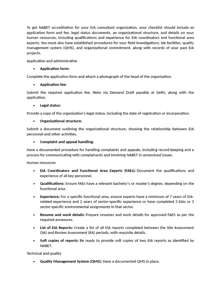 NABET Accreditation Checklist for EIAs | PDF | Environmental Impact ...