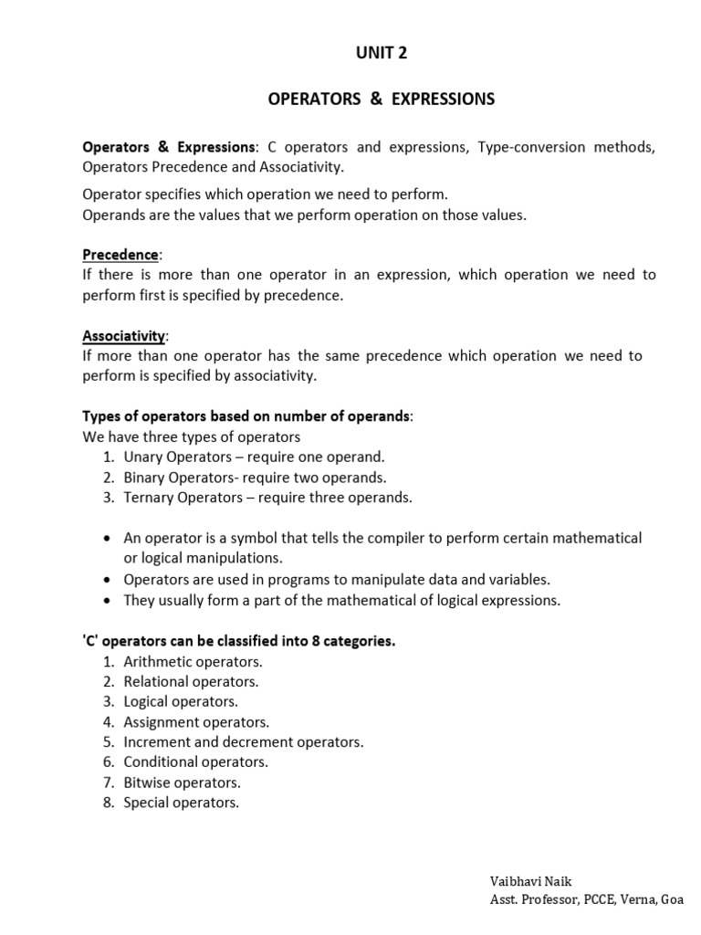 UNIT 2 - Operators and Expressions | PDF | Pointer (Computer ...