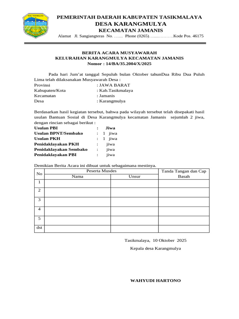 01 Template Berita Acara Dan Daftar Hadir Musdes Kab - Tasikmalaya | PDF