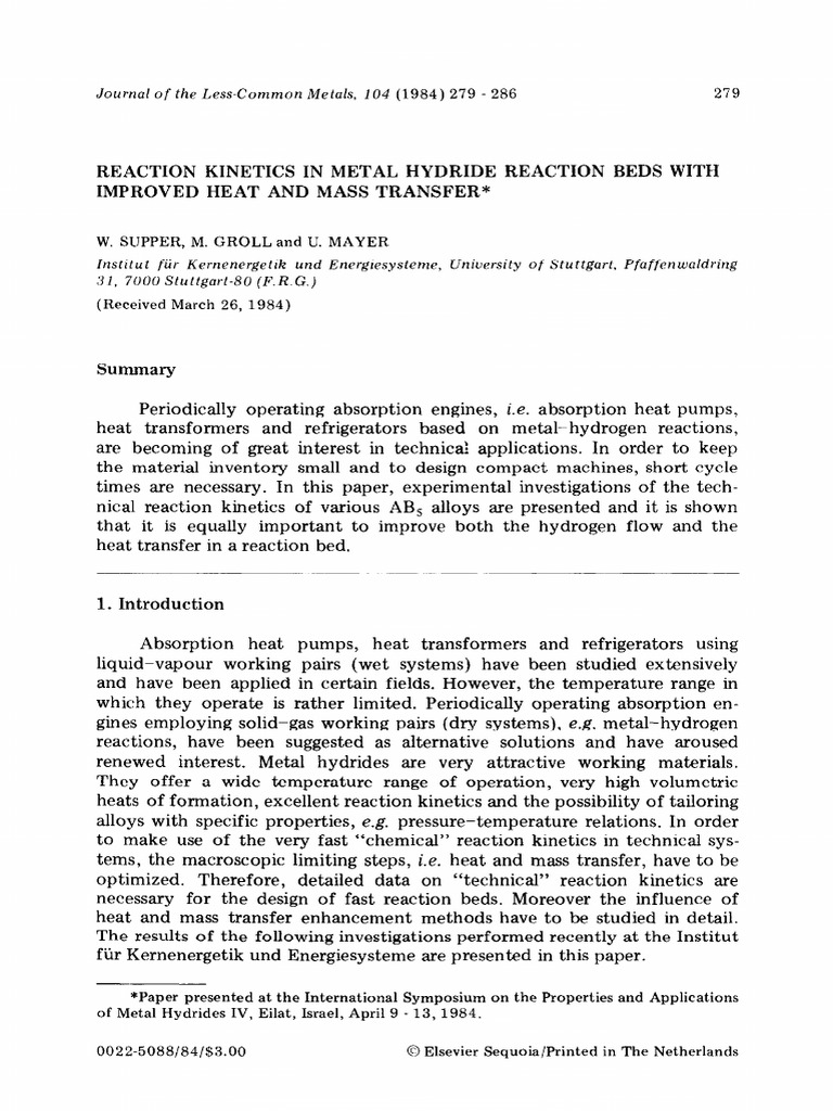 Mayer 1984 Reaction Kinetics in Metal Hydride Reaction Beds With | PDF ...