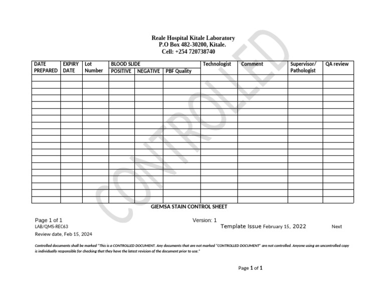 Giemsa Stain Control Sheet Template | PDF
