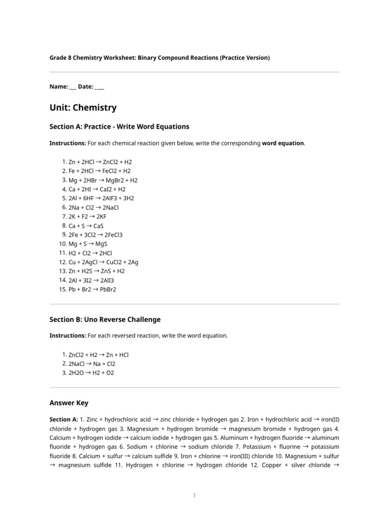 Binary Compound Reactions Worksheet | PDF