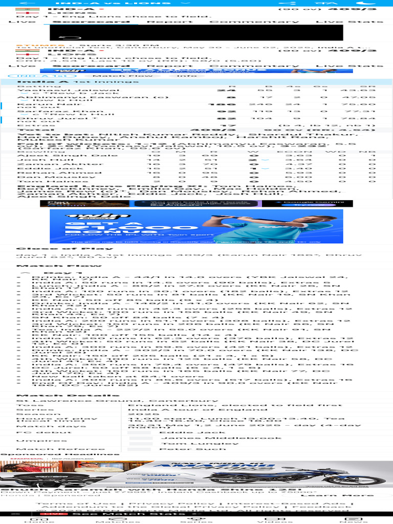 LIONS Vs IND-A Cricket Scorecard, 1st Unofficial Test at Canterbury ...