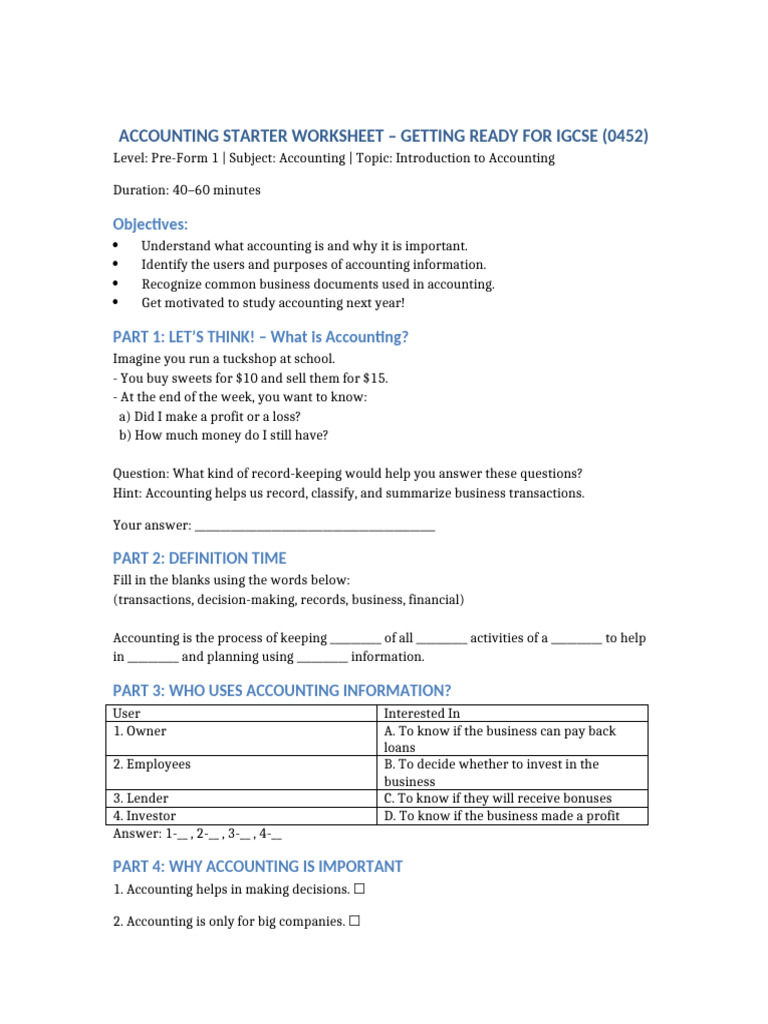 Accounting Starter Worksheet PreForm1 | PDF | Receipt | Financial Services
