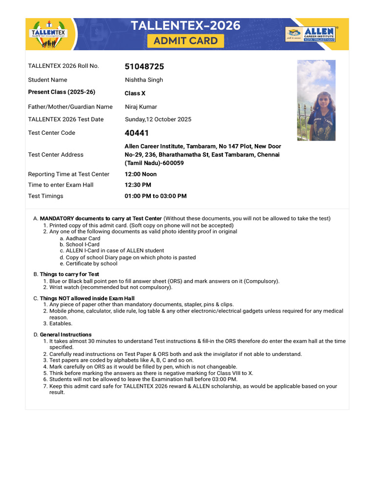 Tallentex 2026_ Admit Card | PDF